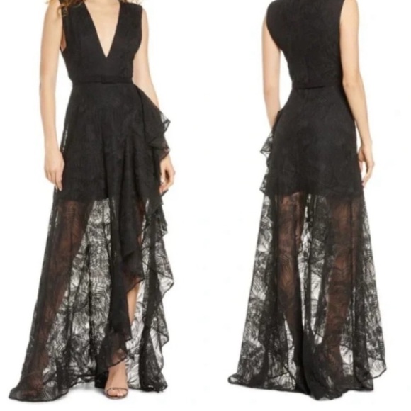 One33 Social | Dresses | One33 Social Black Lace Ruffle Plunge Neck ...